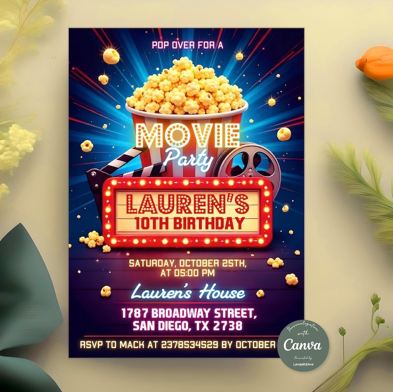Movie Night Birthday Invitation, Movie Party Invitation, Cinema ...