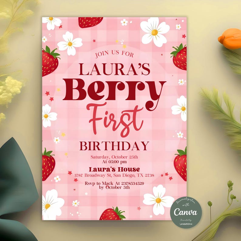 Berry First Birthday Invitation, Editable 1st Birthday Girl Invite ...
