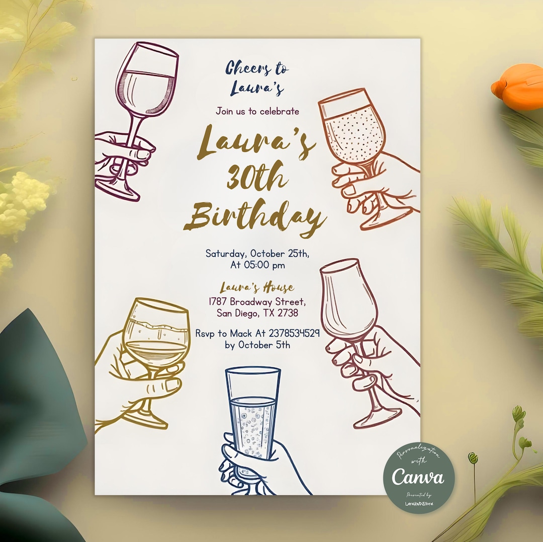 Editable Hand Drawn Cocktail Invitation, Adult Birthday Party Invite ...