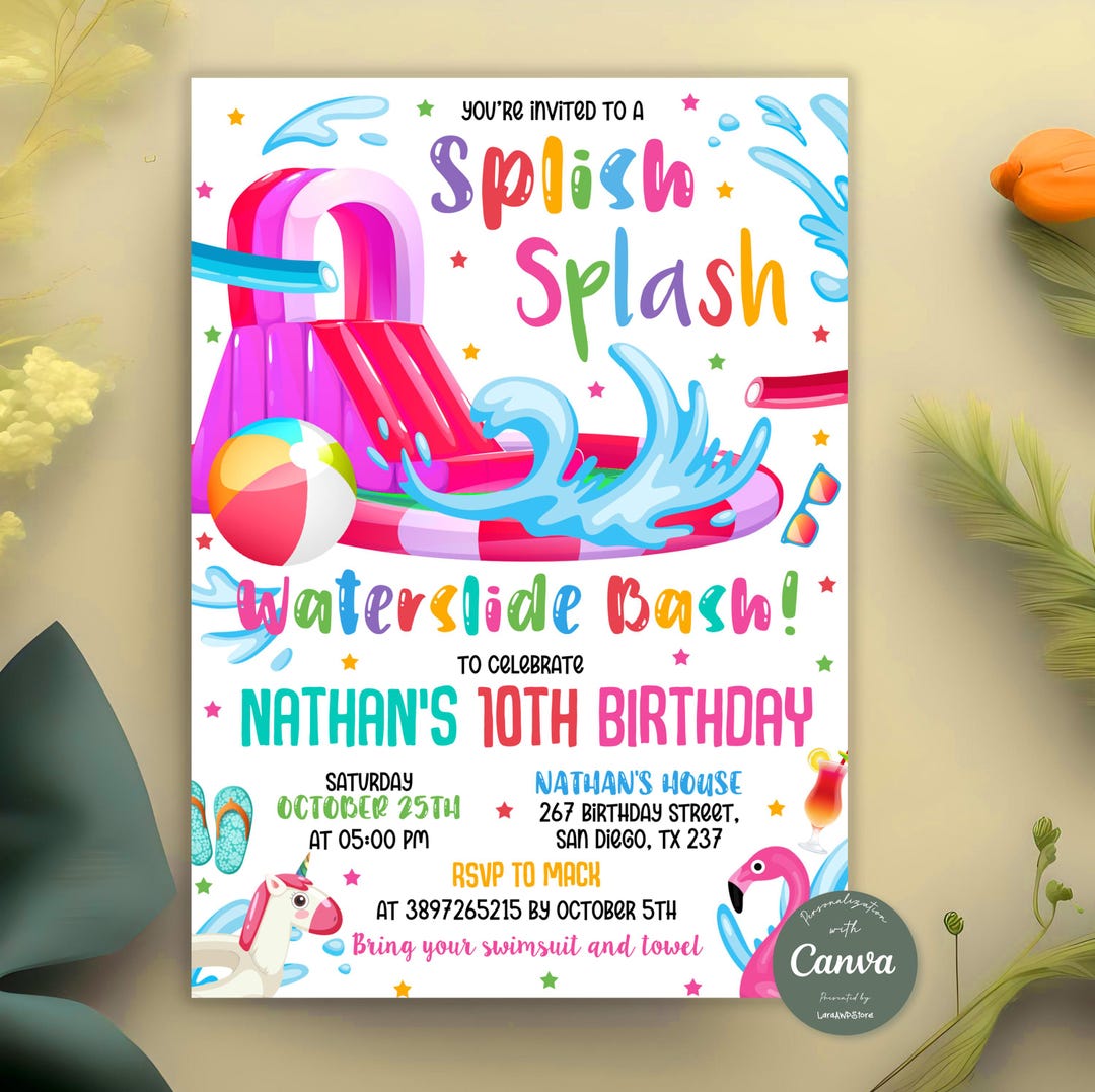 Waterslide Birthday Invitation, Water Slide Party Invitation, Pool ...