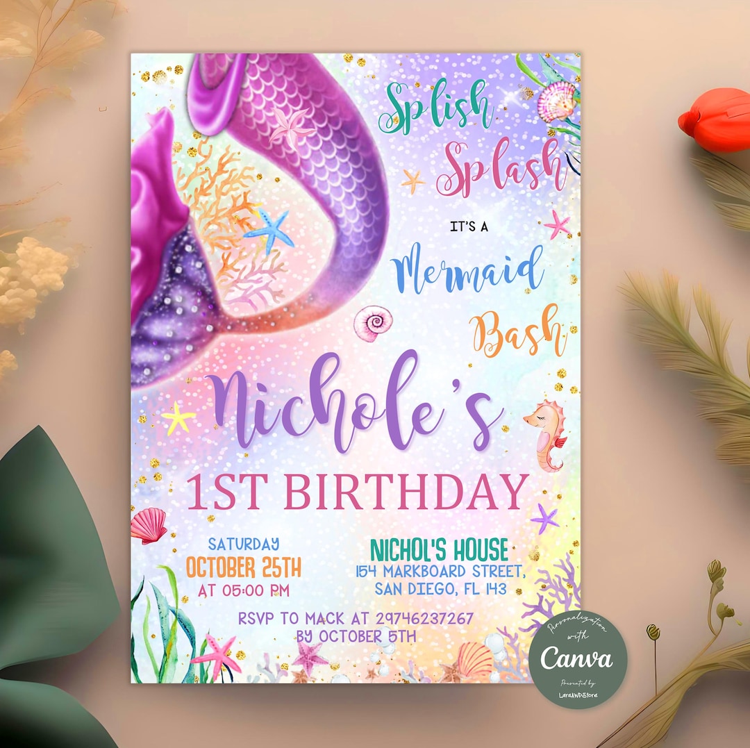 Editable Mermaid Birhday Party Invitation, Under the Sea Party Invite ...