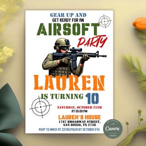 Editable Airsoft Party Invitation, Army Birthday Theme Evite, Camo ...