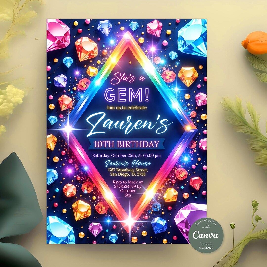 Crystal Gemstone Birthday Invitation, Colorful Crystal Birthday Invite ...