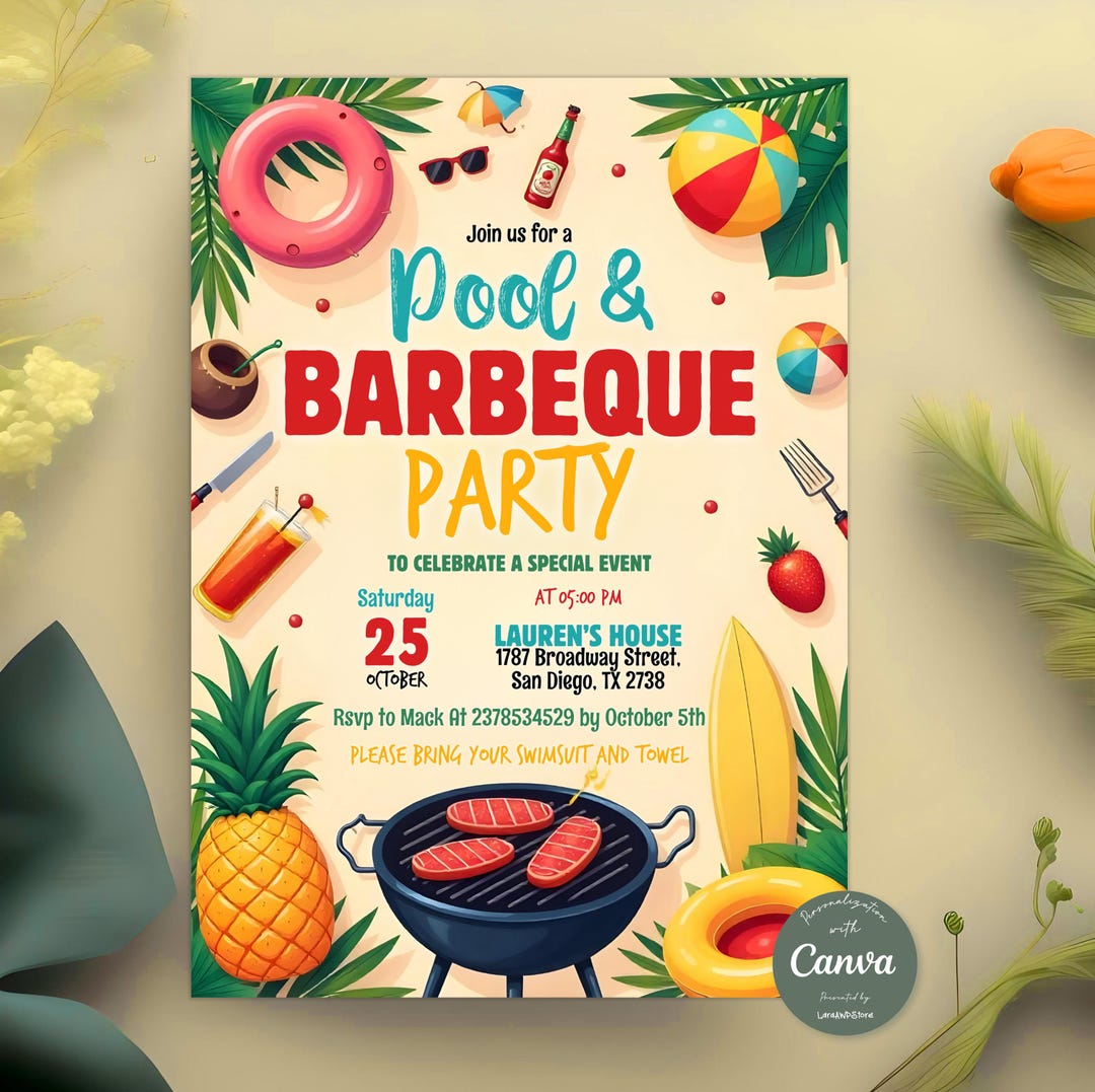 Canva Editable Pool & BBQ Party Invitation | Summer Birthday Invite ...