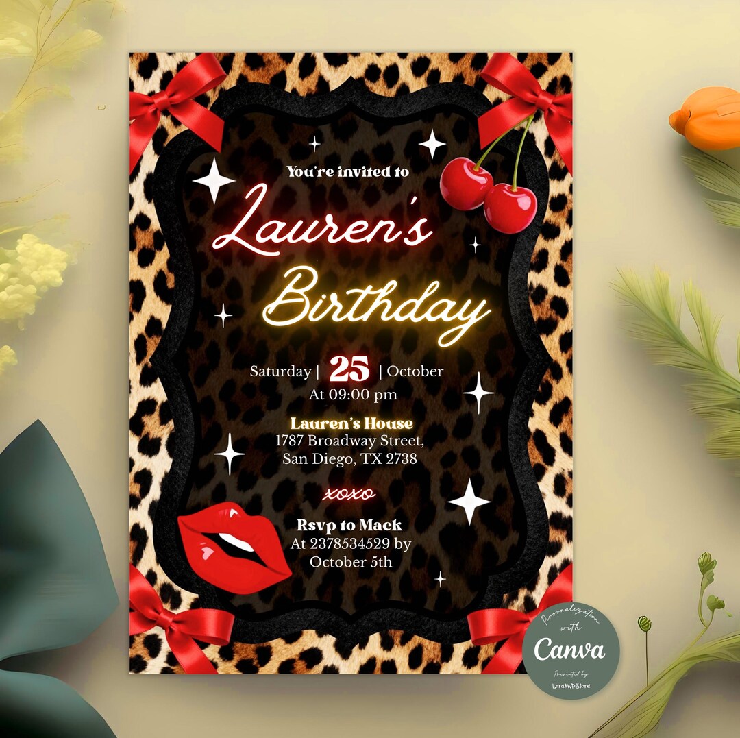 Cheetah Cherries Birthday Invitation, Glam Leopard Pink Red Party ...