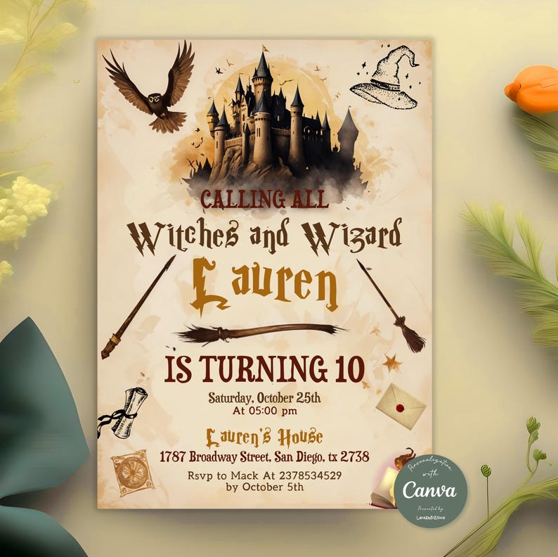 Wizards Witches Birthday Invitation, Printable Magic Wizardry Castle ...