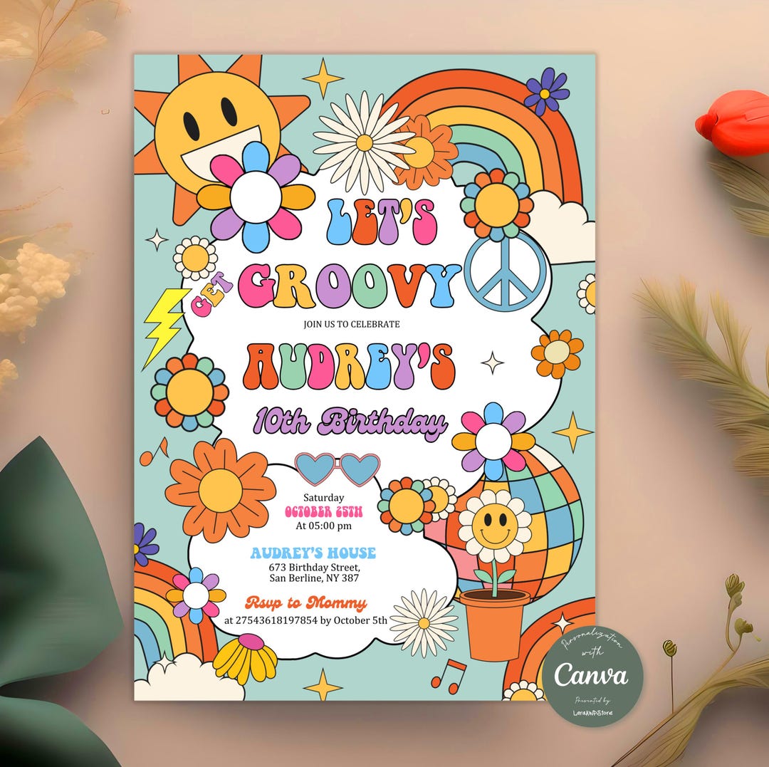 Editable Groovy Invitation, Groovy Birthday Party Invitation, Hippie ...