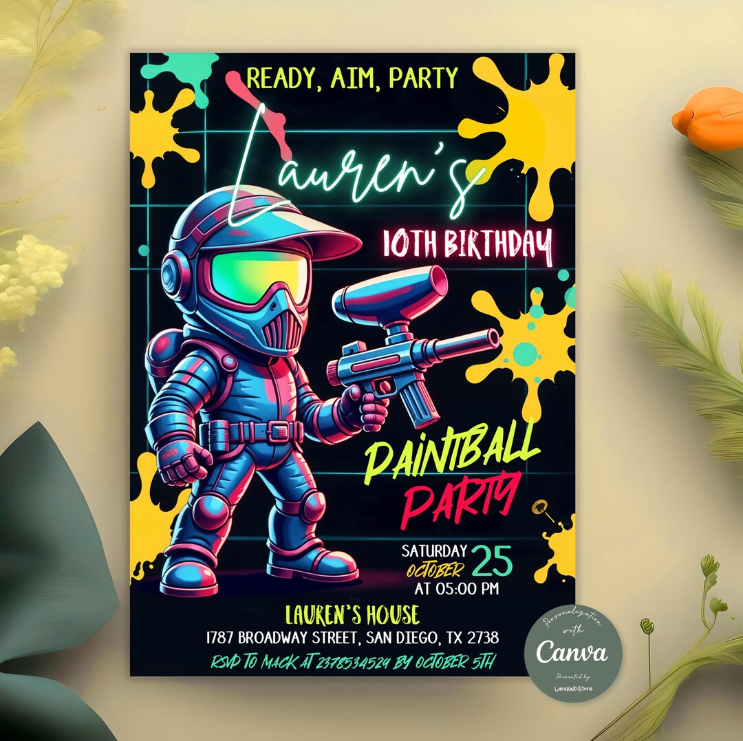 Editable Paintball Invitation, Paintball Birthday Invitation, Neon ...