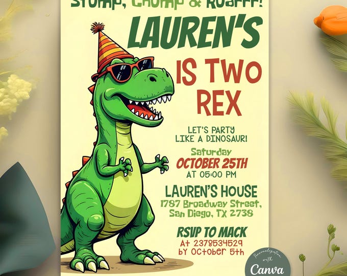 TWO Rex Birthday Invitation Printable Template, Tyrannosaurus Invite, T ...