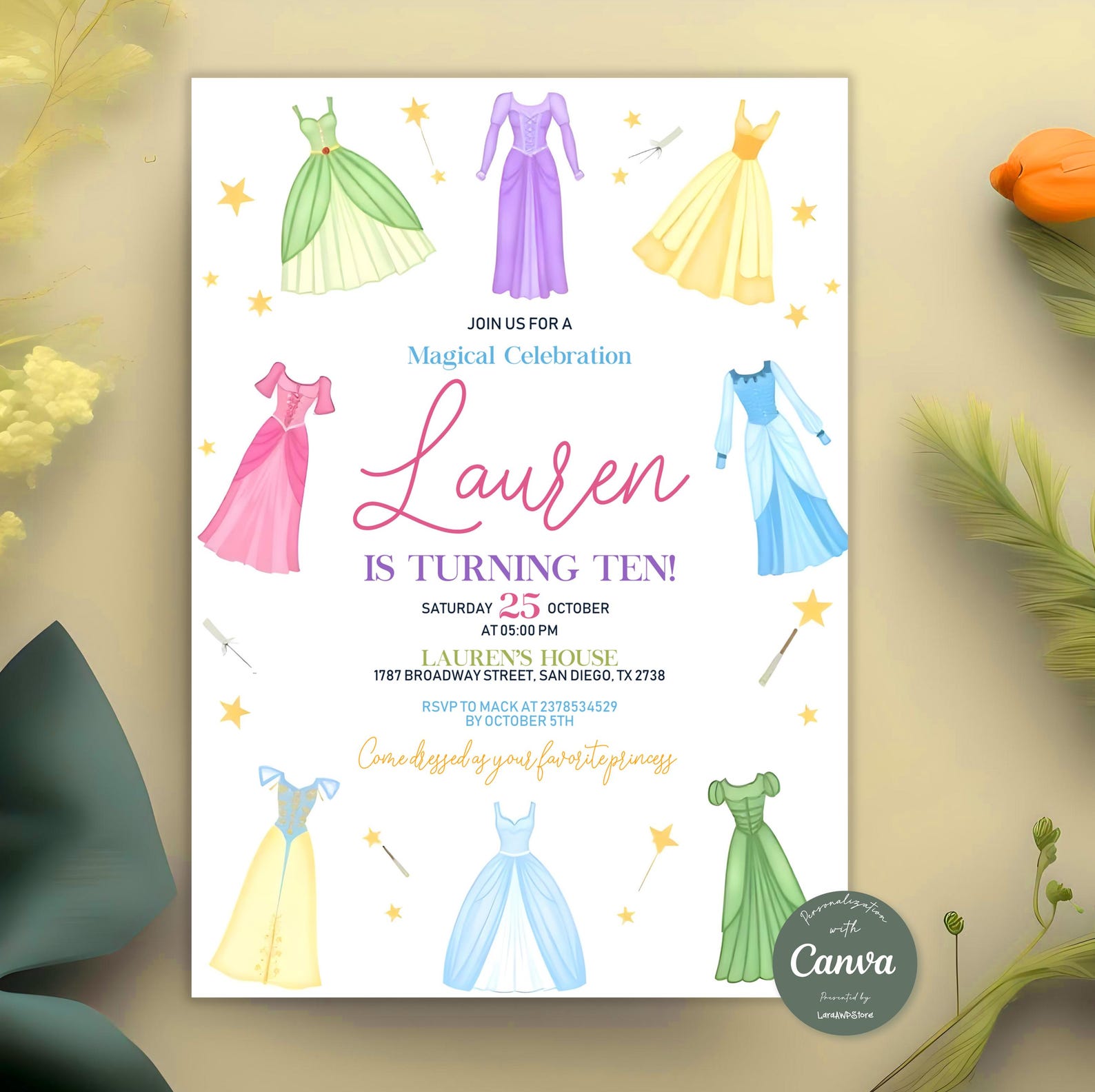 Princess Birthday Invitation, Princess Dresses Invite, Royal Princess ...