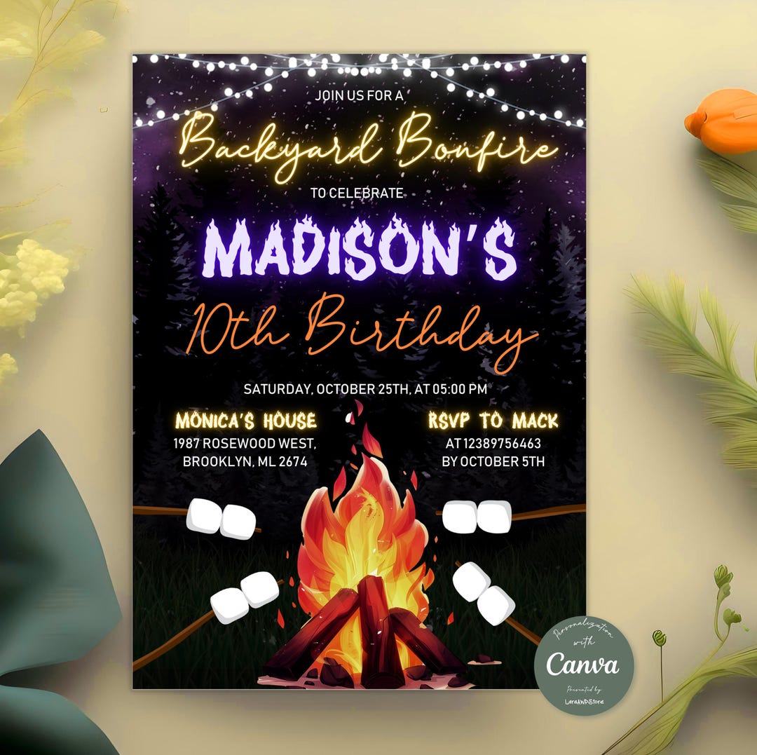 Bonfire Birthday Invitation, Bonfire Birthday Party Invite, Bonfire ...