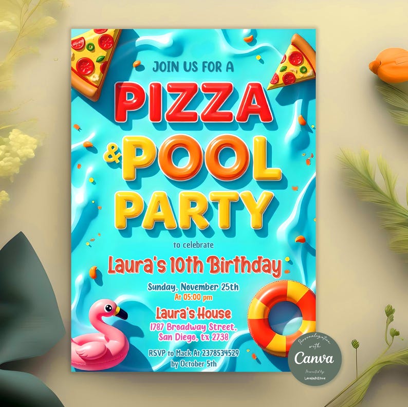 Editable Pizza Pool Party Invitation, Pizza Pool Party Birthday, Pizza ...
