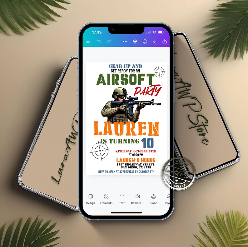 Editable Airsoft Party Invitation, Army Birthday Theme Evite, Camo ...