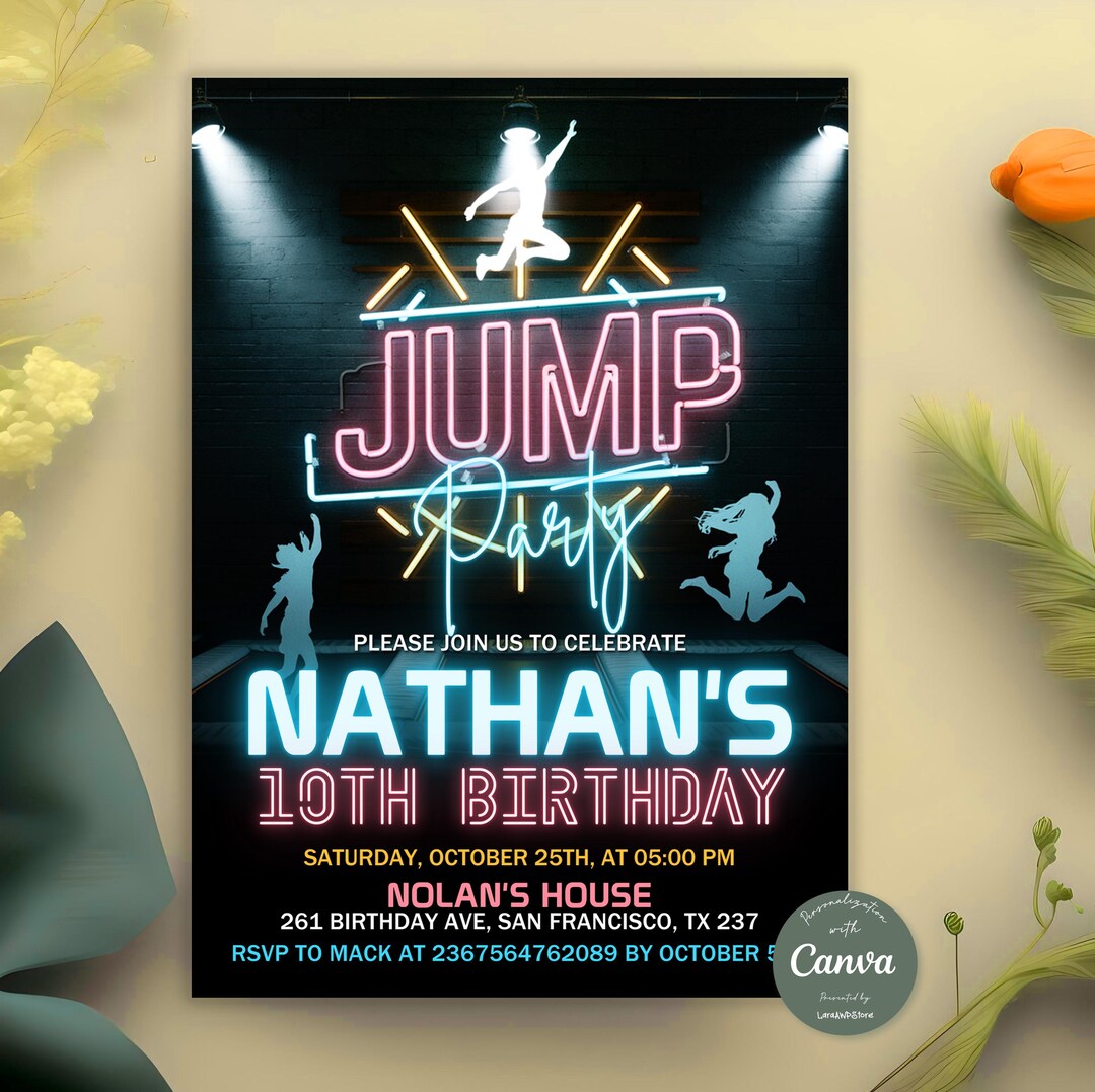 Editable Jump Birthday Party Invitation, Neon Jump Birthday Party, Jump ...