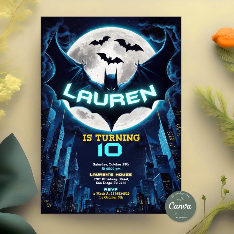 Superhero Birthday Invitation, Bat Party Invite, Superhero Digital ...