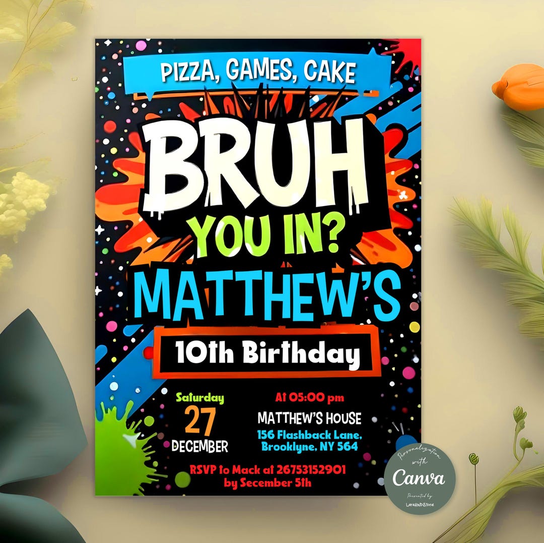 Bruh Birthday Invitation, Neon Graffiti Party, BRUH YOU IN? Birthday ...