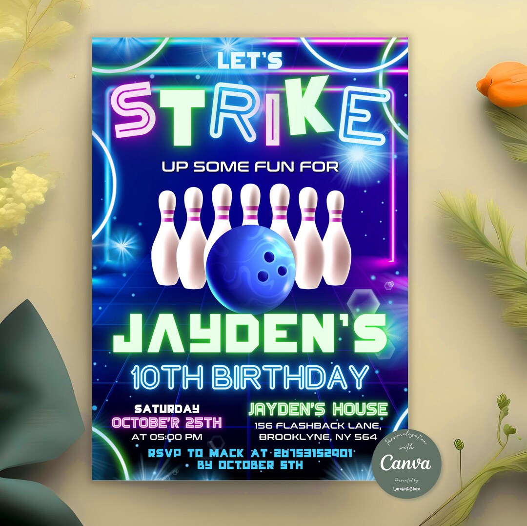Neon Bowling Invitation, Bowling Birthday Invitation, Glow Bowling ...