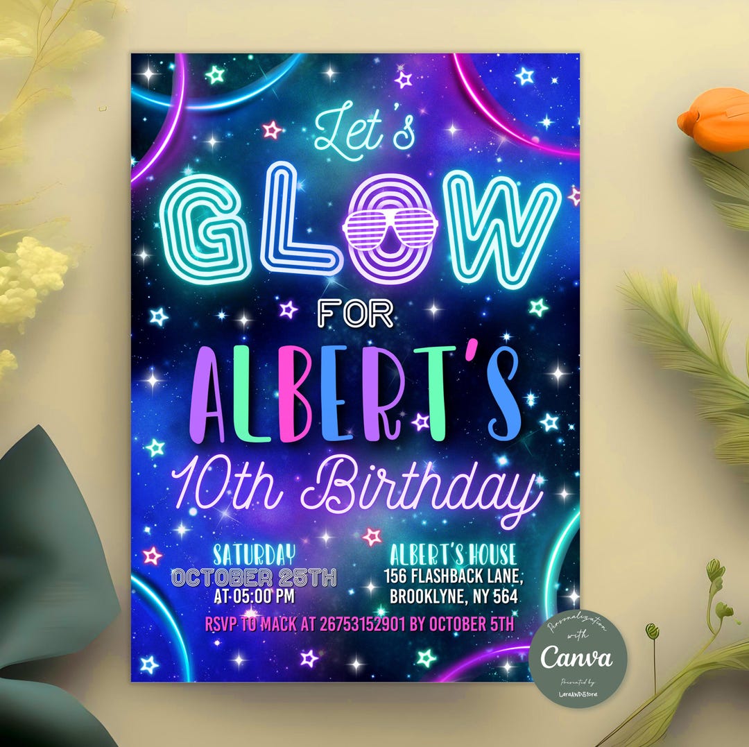 Editable Glow Party Birthday Invitation, Neon Birthday Invite, Neon ...