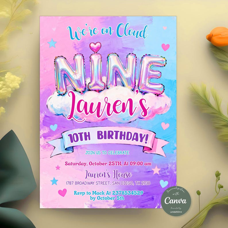 Cloud Nine Birthday Invitation, Rainbow Pastel 9th Party Invite, on ...