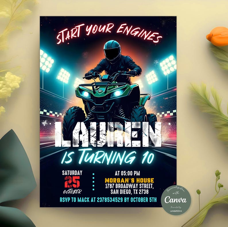 ATV Birthday Invitation, Quad Bike Party Invite, Editable Template With ...