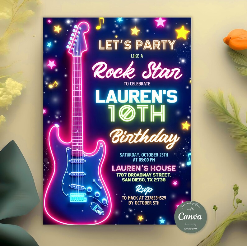 Editable Rock Star Birthday Party Invitation Neon Glow Party Like A ...