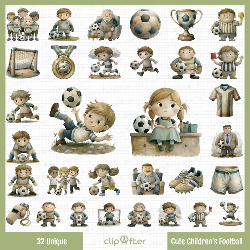 Kids Football Clipart Set – 32 Soccer PNG Illustrations (digital ...