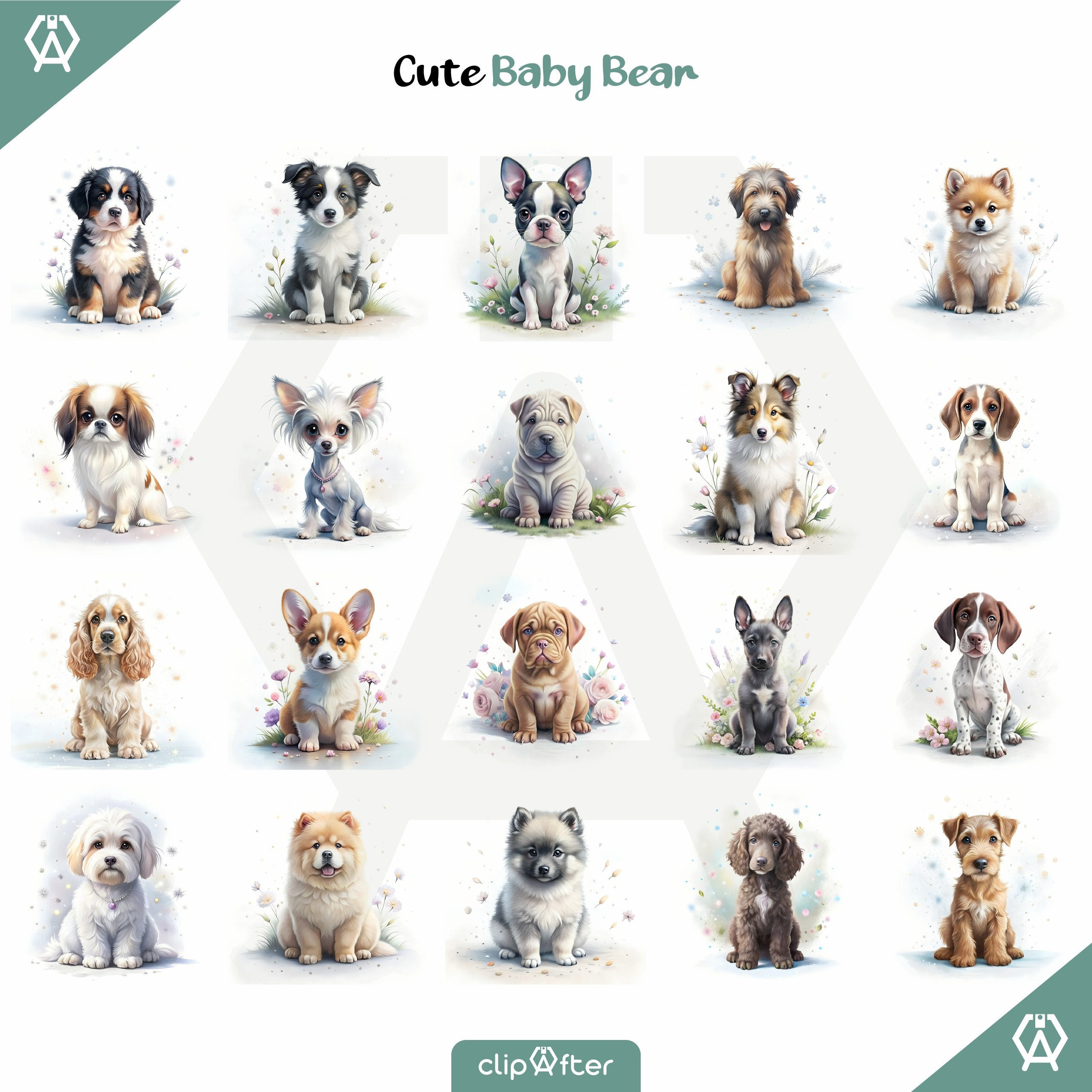 Watercolor Cute Puppy Dog Clipart Collection - 75 Dogs - JPEG Dog Breed ...