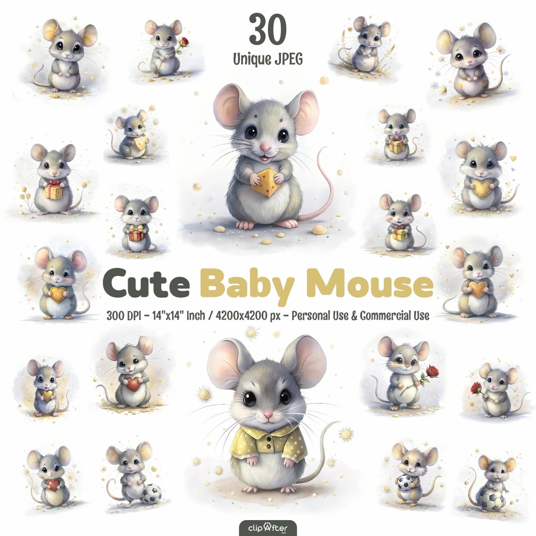 Cute Baby Mouse Clipart Bundle, Mouse With Cheese, Heart, Rose, Soccer ...