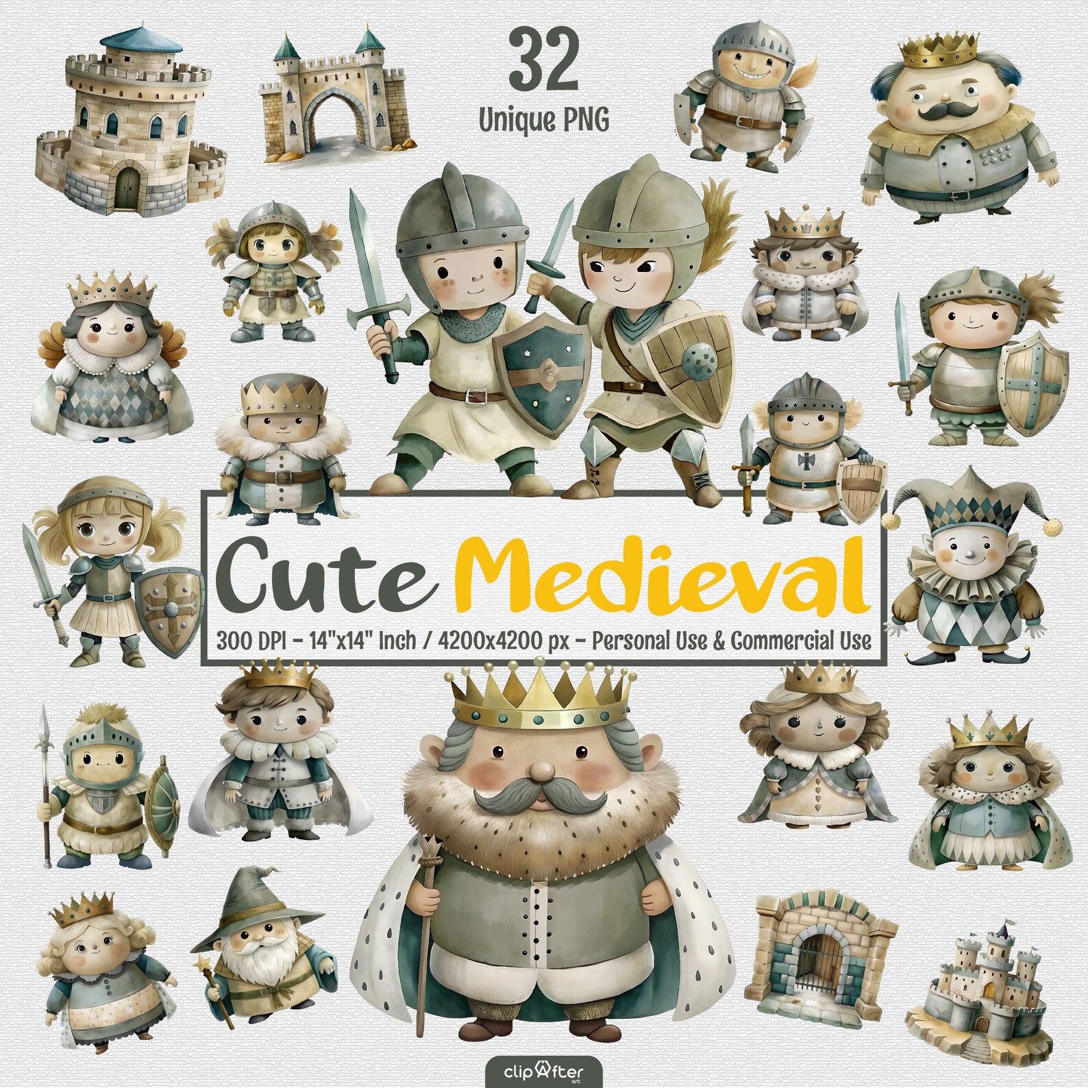 Cute Medieval Town Watercolor Clipart Bundle for Middle Ages, Knights ...