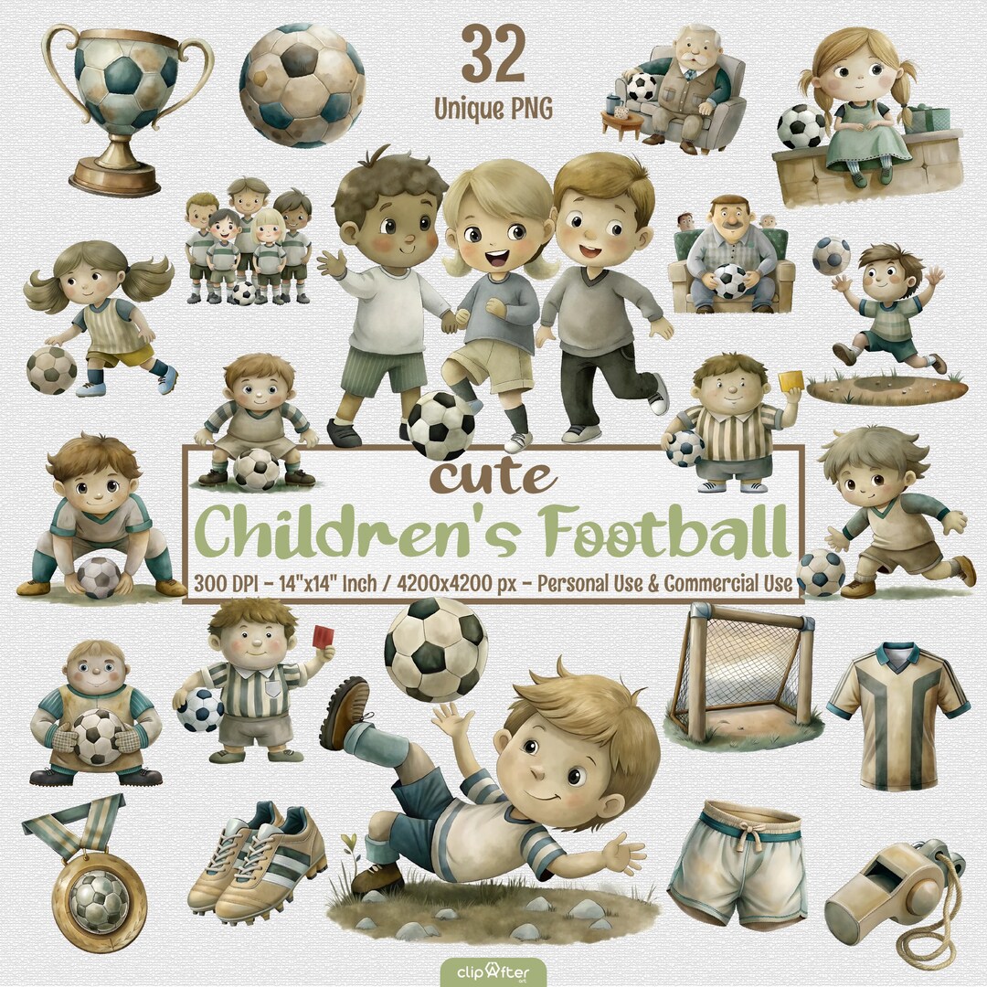 Kids Football Clipart Set – 32 Soccer PNG Illustrations (digital ...
