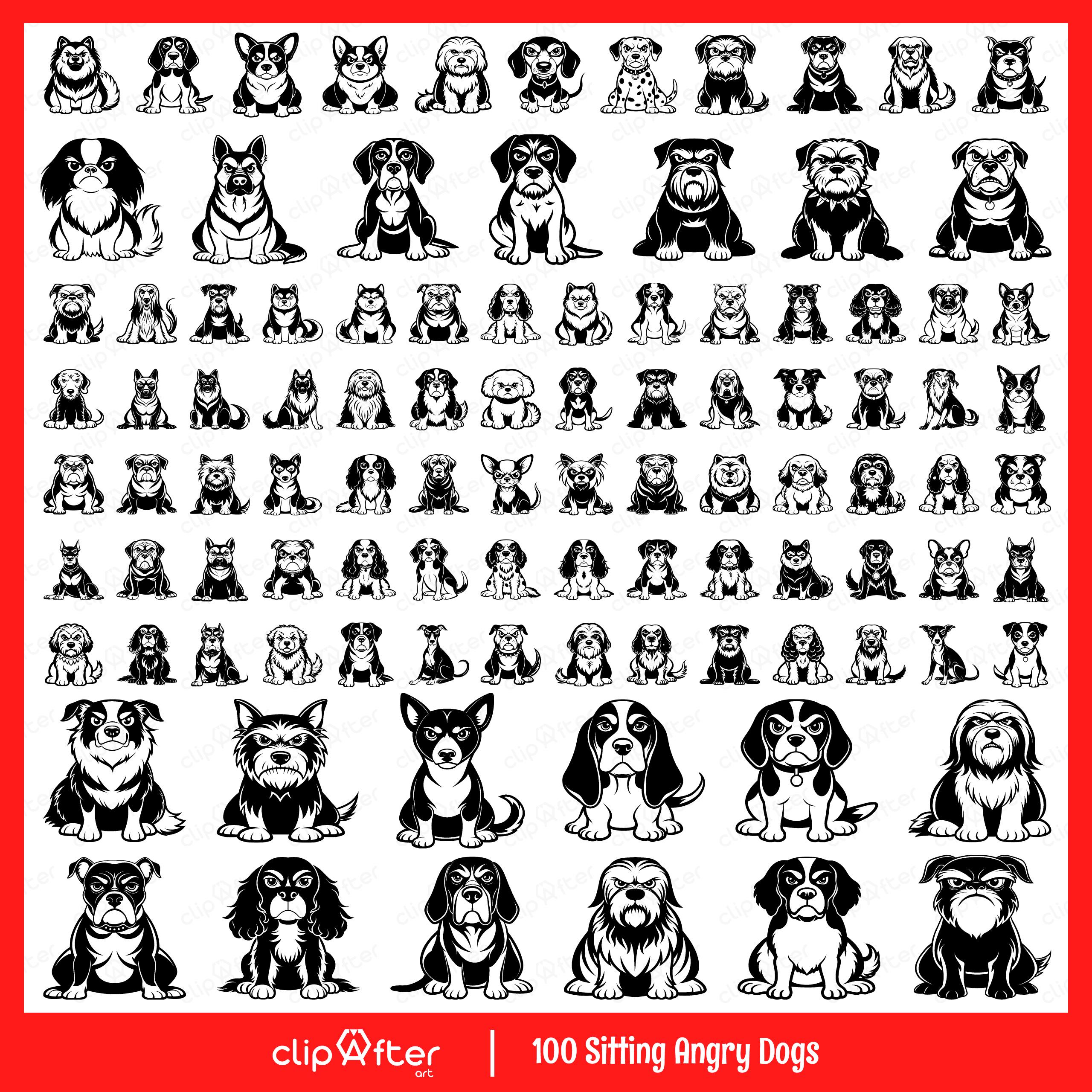 100 Angry Sitting Dogs Linocut Collection - Unique Dog Illustrations ...