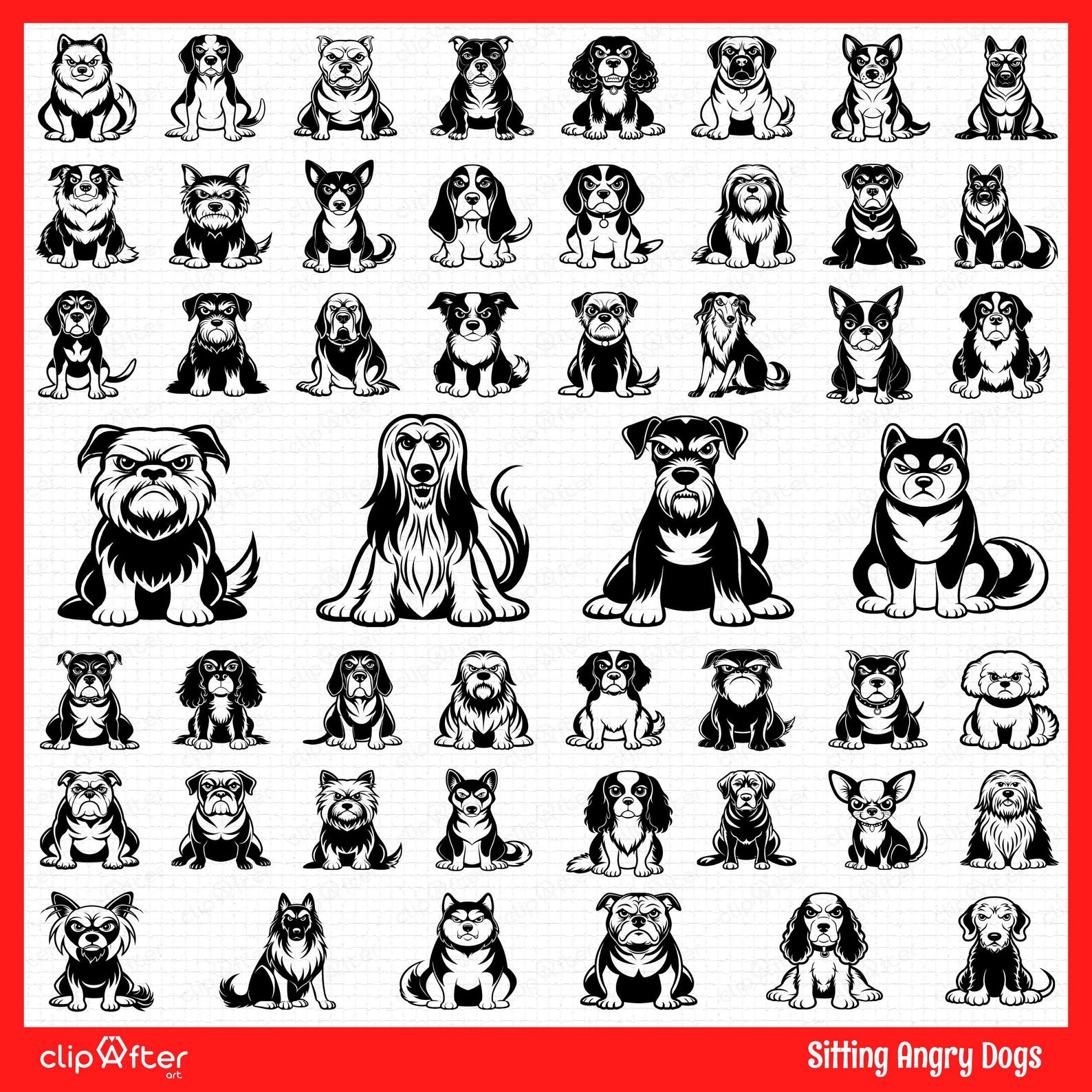 100 Angry Sitting Dogs Linocut Collection - Unique Dog Illustrations ...
