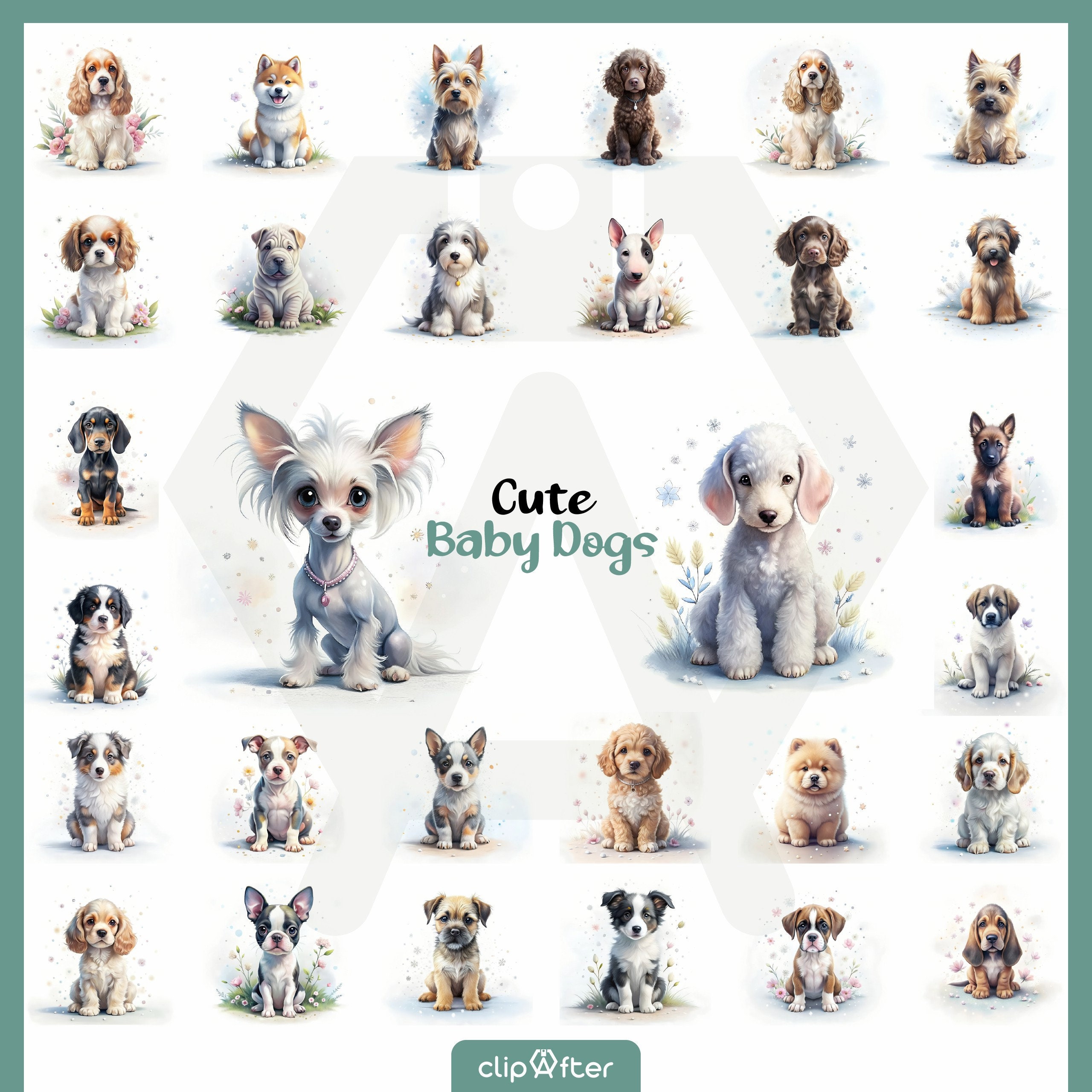 Watercolor Cute Puppy Dog Clipart Collection - 75 Dogs - JPEG Dog Breed ...