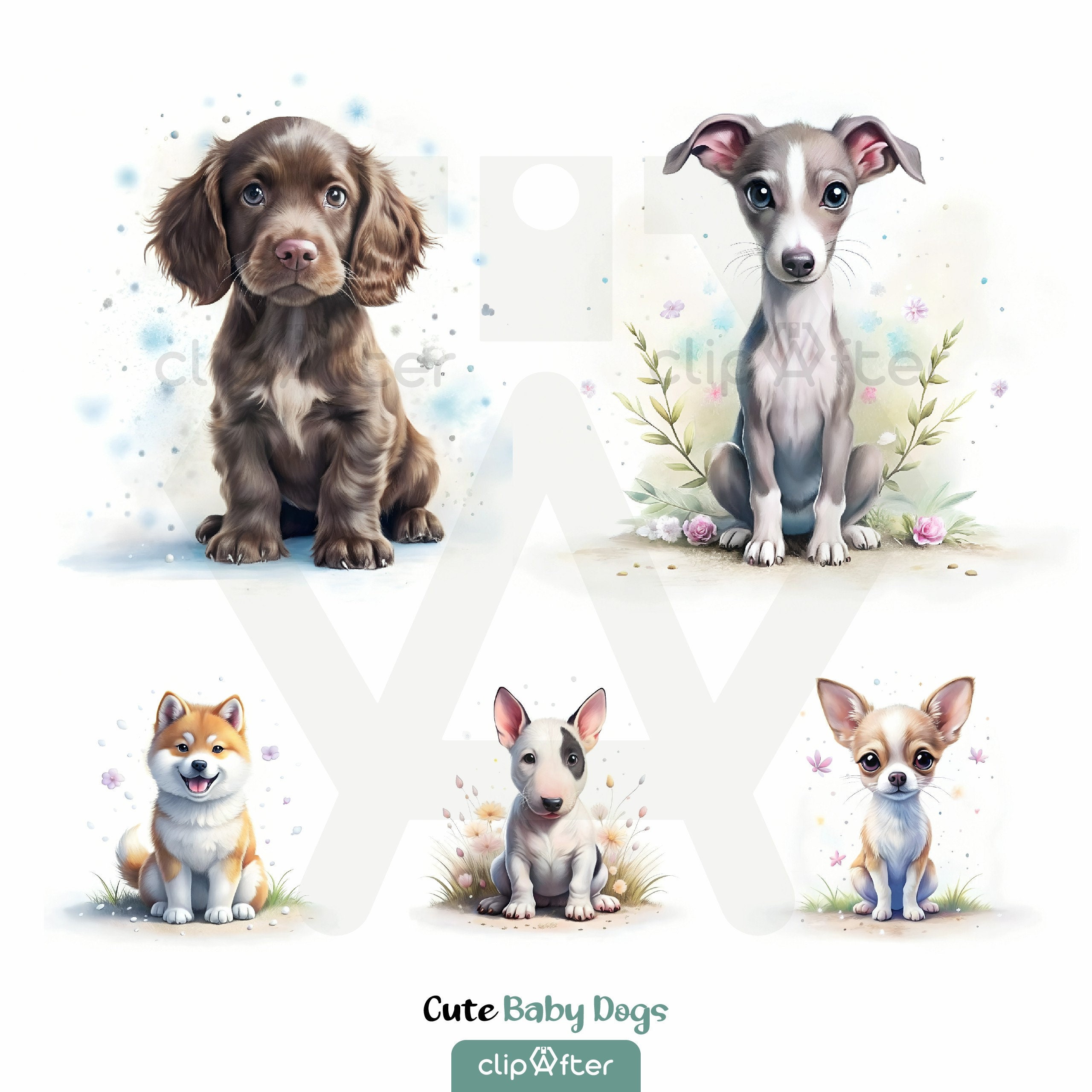 Watercolor Cute Puppy Dog Clipart Collection - 75 Dogs - JPEG Dog Breed ...
