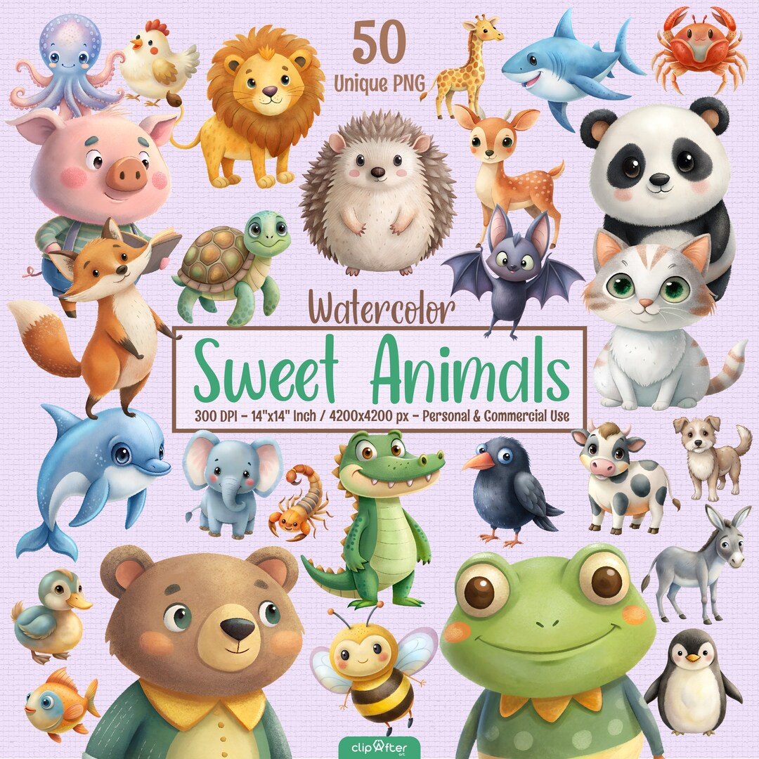 Watercolor Sweet Animal Clipart Set, Forest Cute Animals Clipart PNG ...
