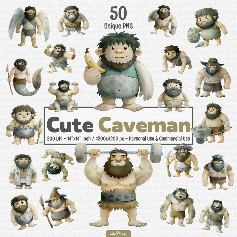 Cute Caveman Clipart Character Set, Fun Prehistoric Characters, Cavemen ...