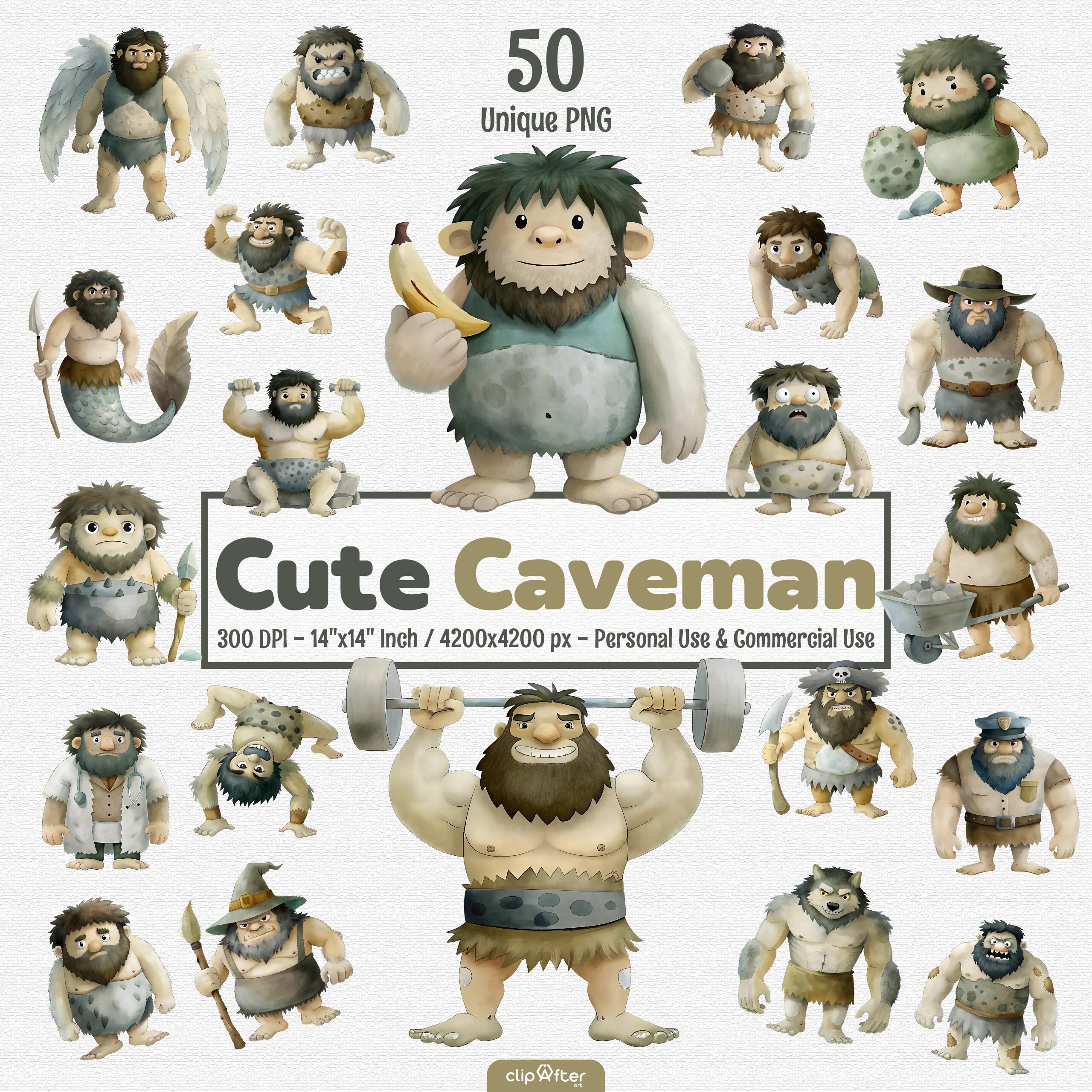 Cute Caveman Clipart Character Set, Fun Prehistoric Characters, Cavemen ...