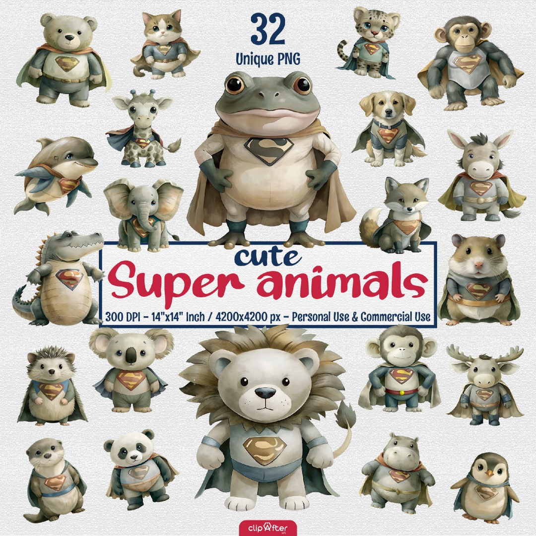 Cute Animal Superheroes Clipart Bundle: Adorable Baby Animals PNG ...