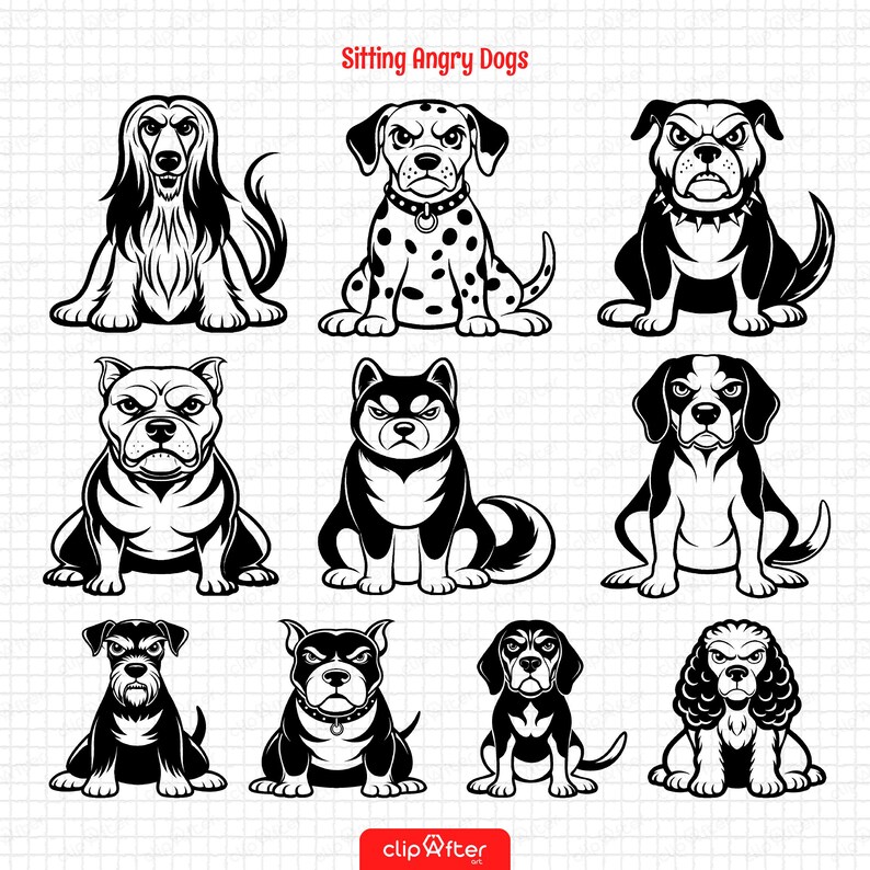 100 Angry Sitting Dogs Linocut Collection - Unique Dog Illustrations ...