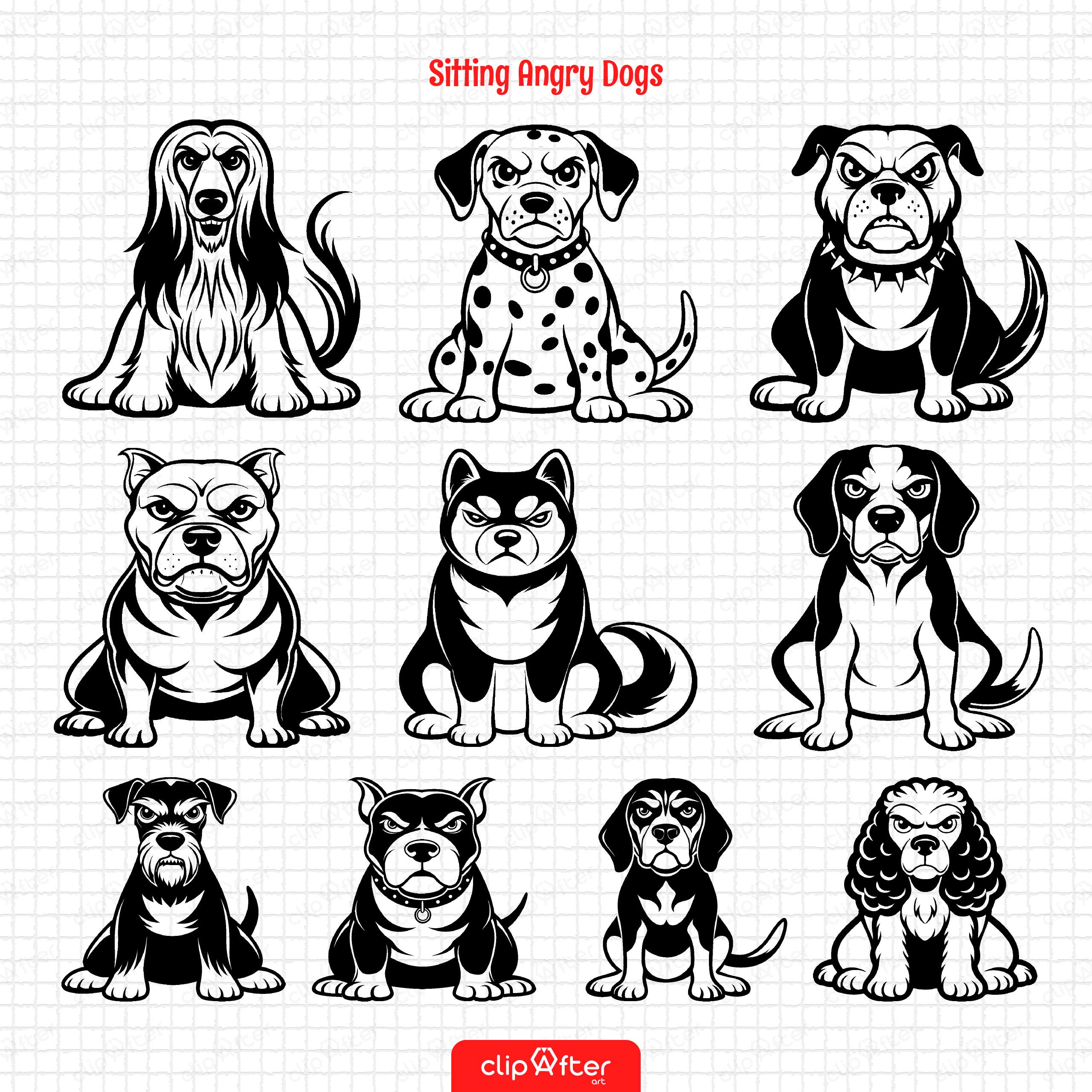 100 Angry Sitting Dogs Linocut Collection - Unique Dog Illustrations ...