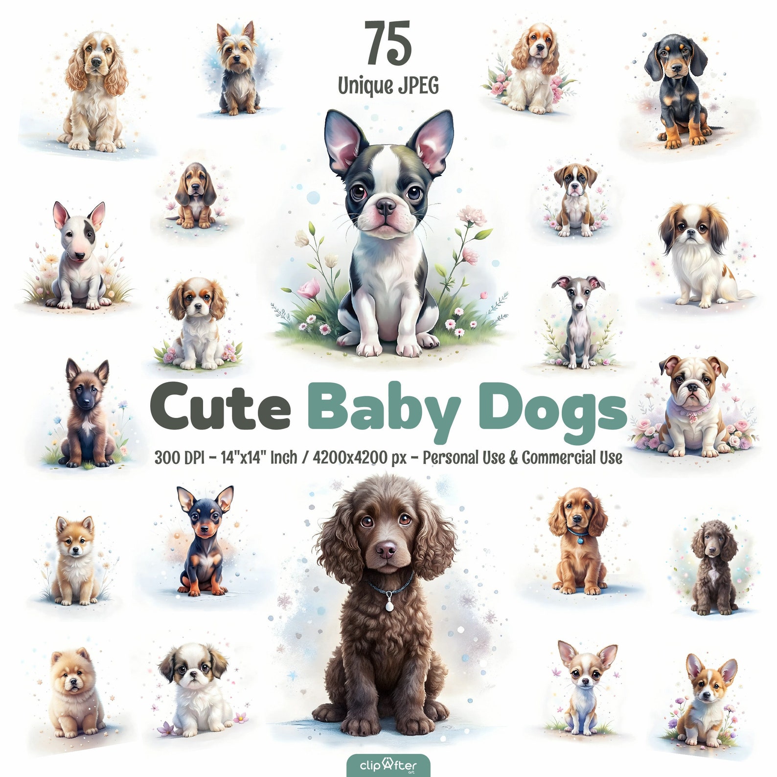 Watercolor Cute Puppy Dog Clipart Collection - 75 Dogs - JPEG Dog Breed ...