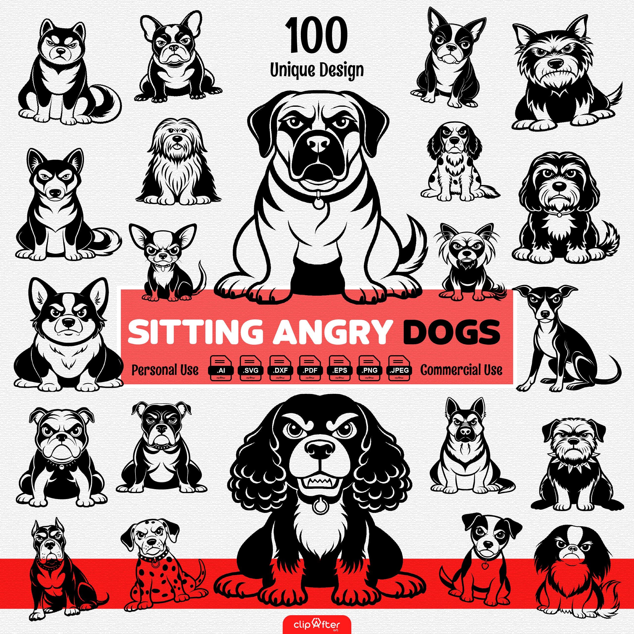 100 Angry Sitting Dogs Linocut Collection - Unique Dog Illustrations ...