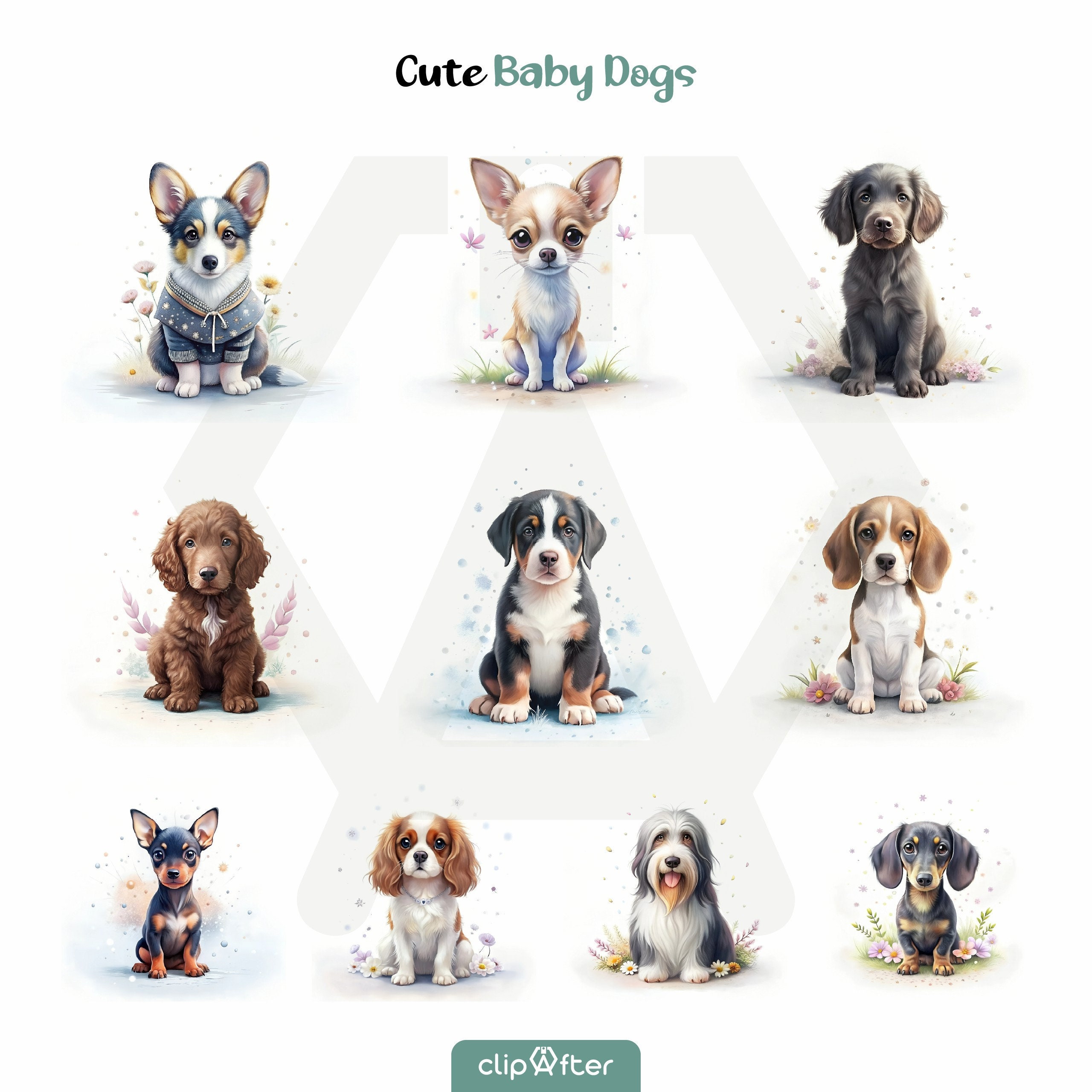 Watercolor Cute Puppy Dog Clipart Collection - 75 Dogs - JPEG Dog Breed ...