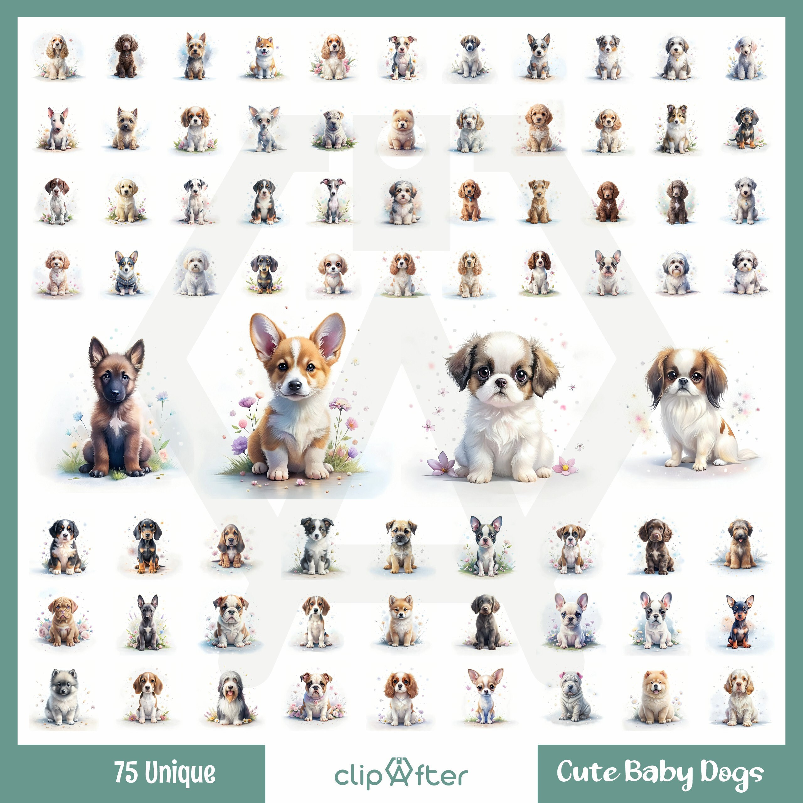 Watercolor Cute Puppy Dog Clipart Collection - 75 Dogs - JPEG Dog Breed ...