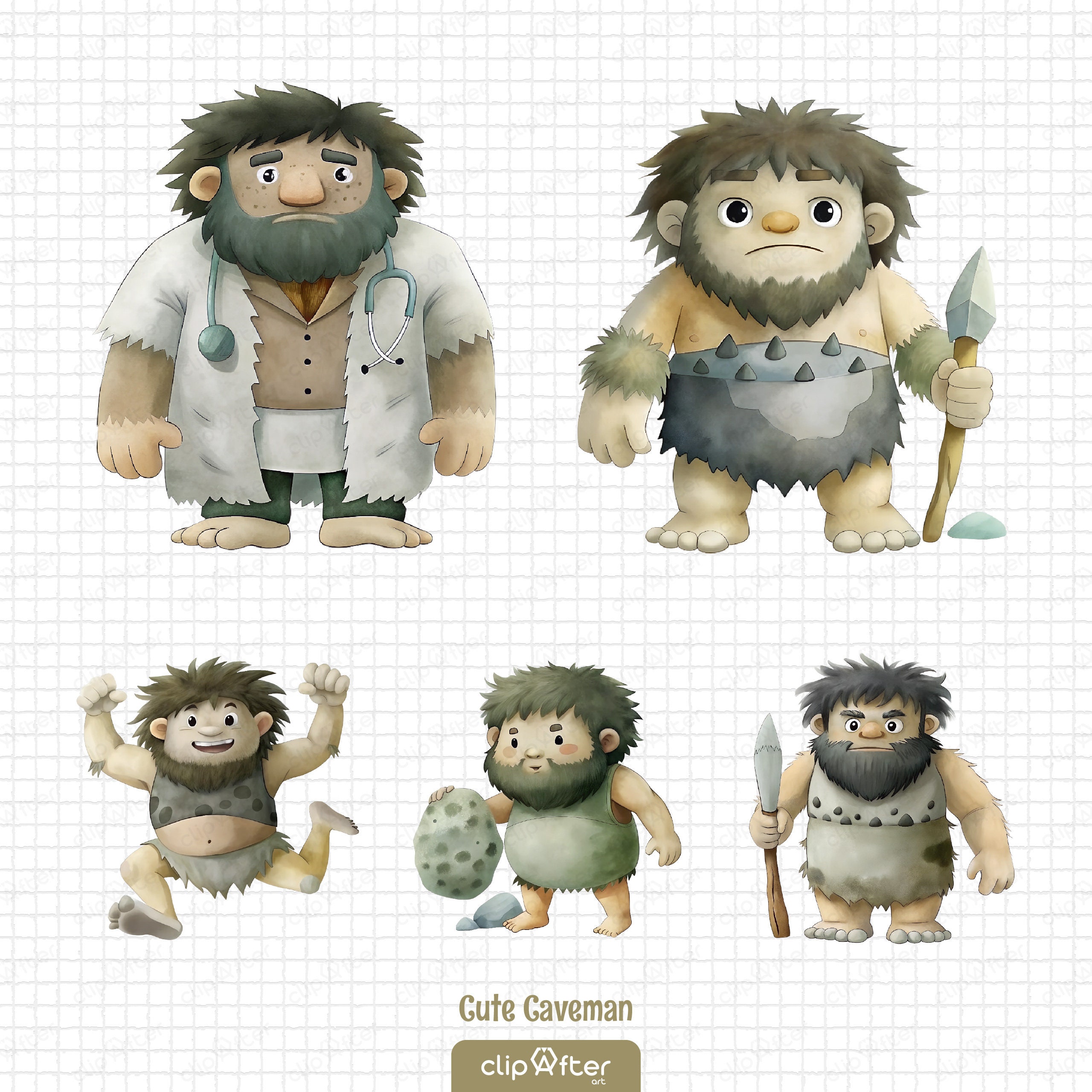 Cute Caveman Clipart Character Set, Fun Prehistoric Characters, Cavemen ...