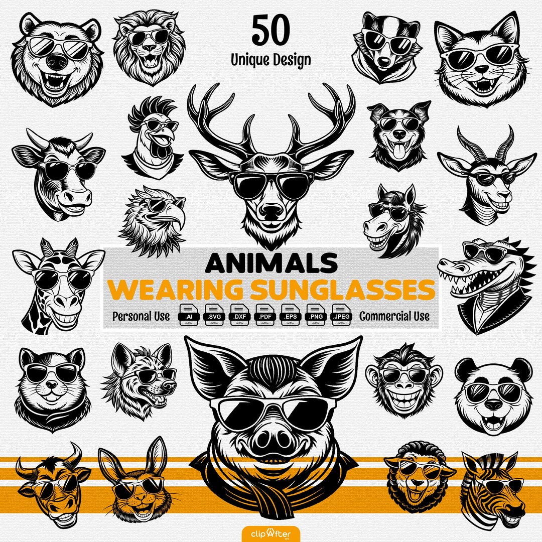 50 Animals Wearing Sunglasses Linoart | Vector Graphics (digital ...