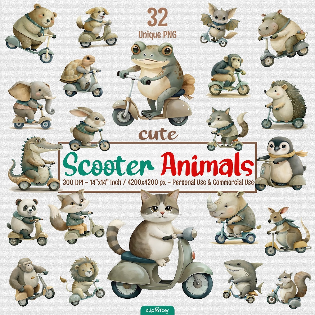Cute Animal Scooter Digital Art, Adorable Animals on Scooters Clipart ...