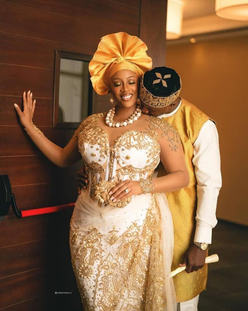 Traditional African Wedding Outfit: Corset Gown & Agbada Lace - Etsy