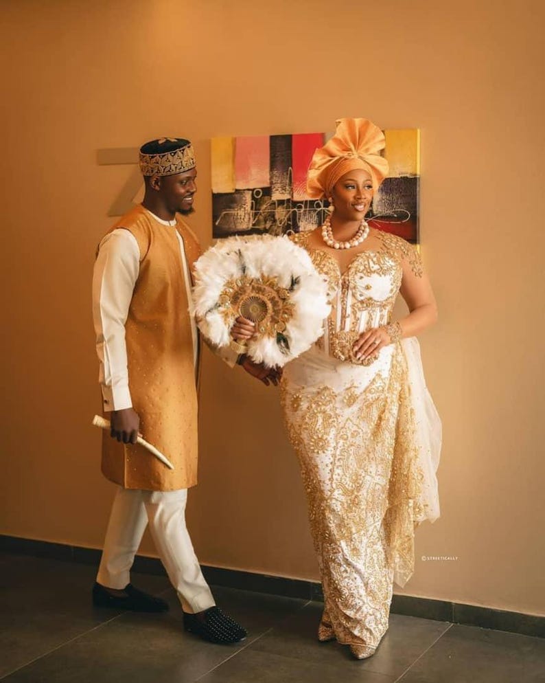 Traditional African Wedding Outfit: Corset Gown & Agbada Lace - Etsy