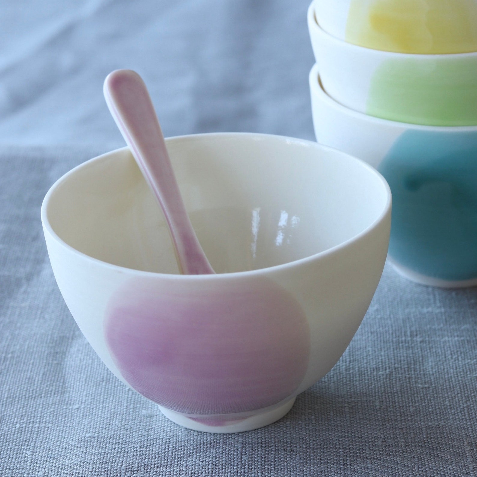 Porcelain Ice Cream Bowl With Spoon - Ceramic Bowl in Watercolour Glaze ...